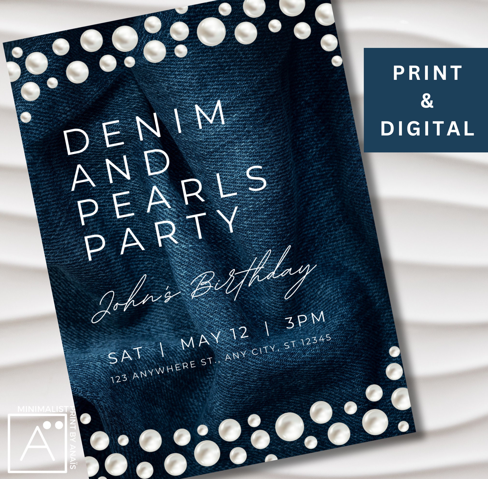 Denim and Pearls Birthday Invitation, Denim Party Invite, Blue Jeans ...
