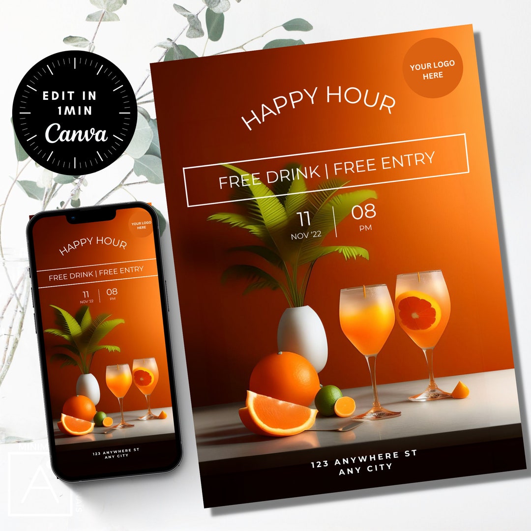 Editable Happy Hour Flyer Template: Orange Bar Invite (canva) - Etsy