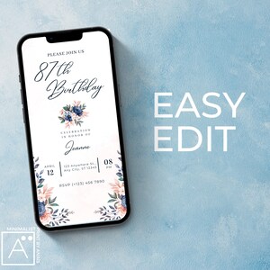 87th Birthday Invite, Editable Floral Invitation, 90th Birthday, 80th ...