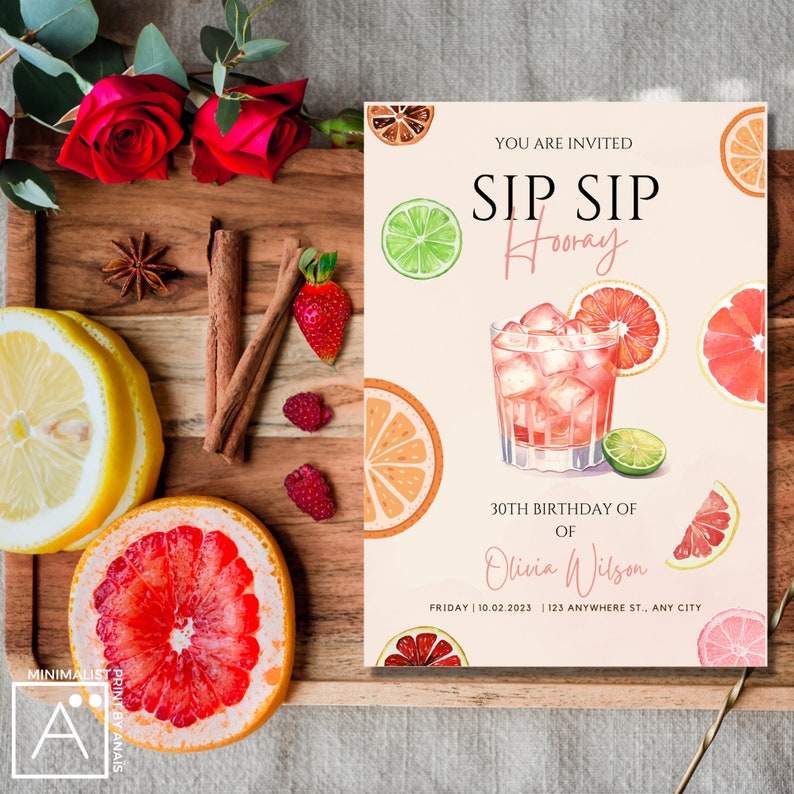 Sip Sip Hooray, Cocktail Birthday Invitation, SIP SIP, It's My Birthday Invite, Editable ...