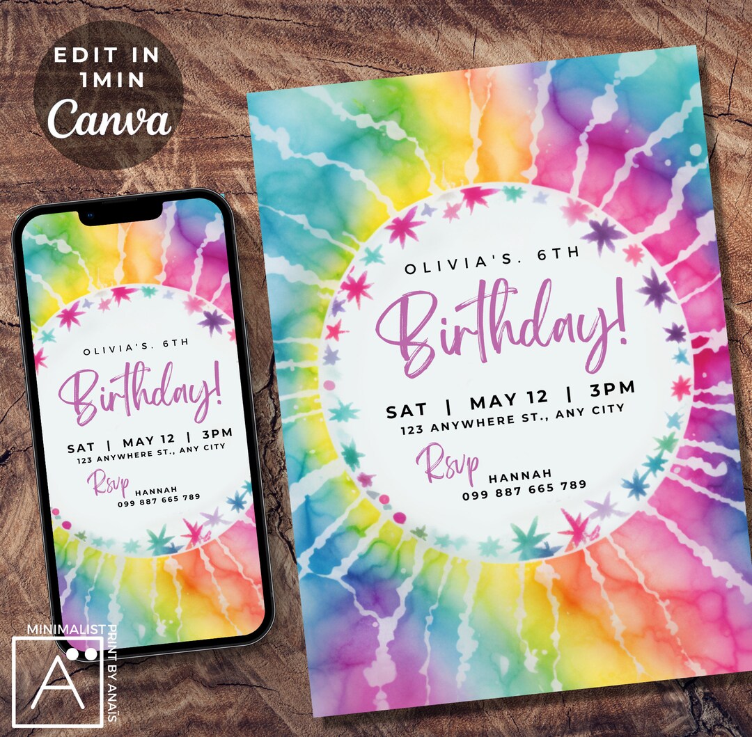 Tie Dye Birthday Invitation Rainbow Tie Dye Birthday Invitations ...