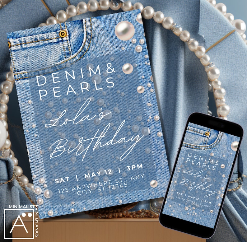 Denim and Pearls Birthday Invitation: Editable Template - Etsy