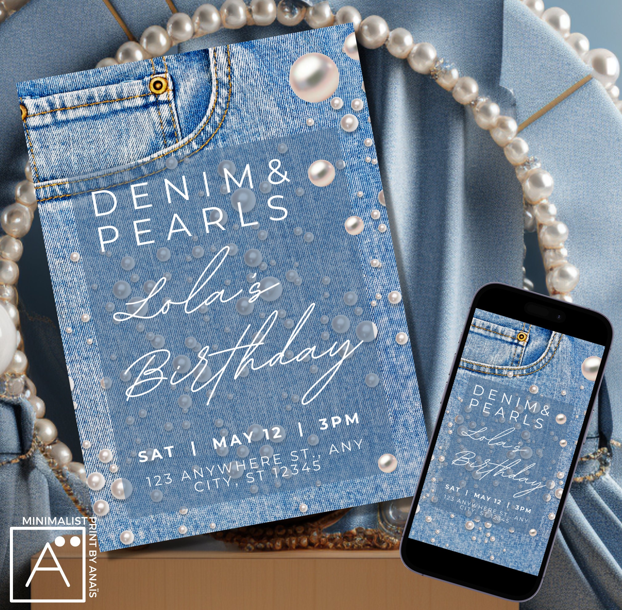 Denim and Pearls Invitation, Denim Birthday Invitation, Denim Invite ...