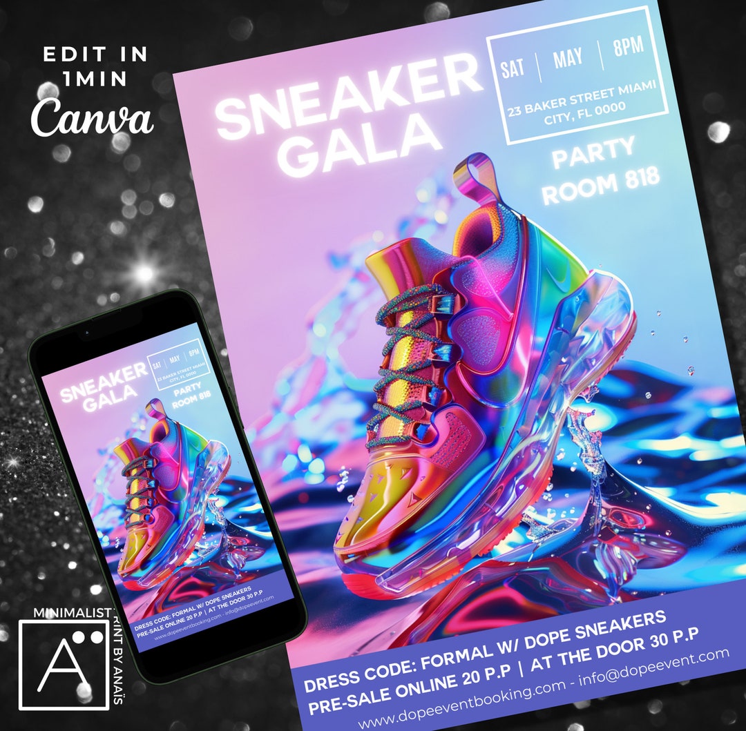 Rainbow Neon Sneaker Ball Gala Invitation: Editable School Dance Flyer ...