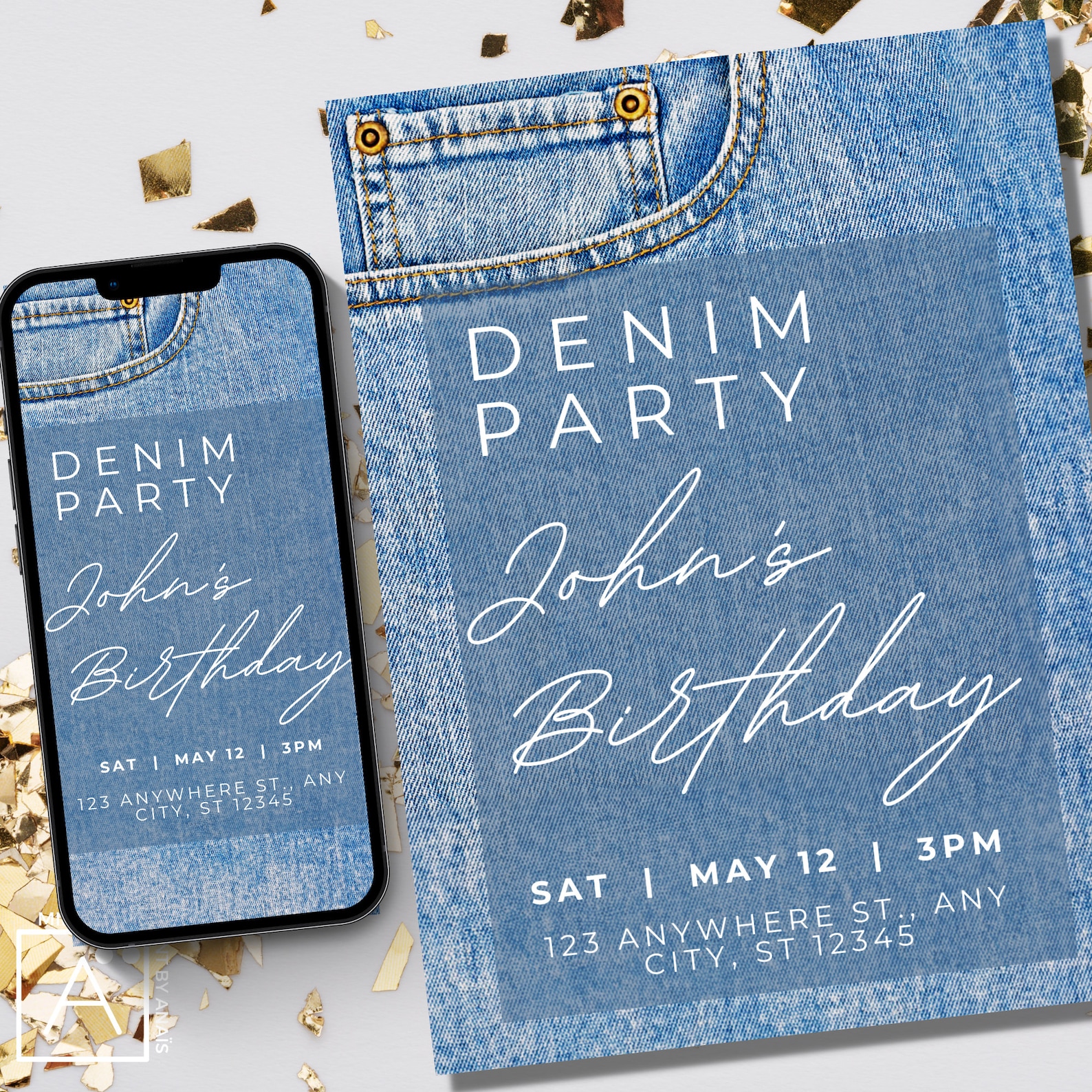 Denim Birthday Invitation: Jeans & Bling Party (editable Canva Template ...