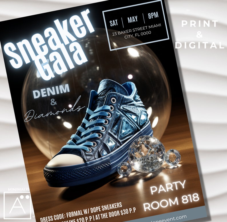 Denim & Diamond Sneaker Ball Invite, Editable, Flyer Template, Denim ...