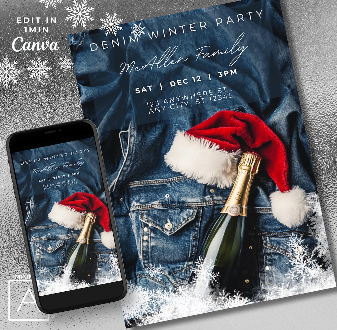 Holiday Denim Party Invitation, Denim Winter Christmas Invite, Santa ...