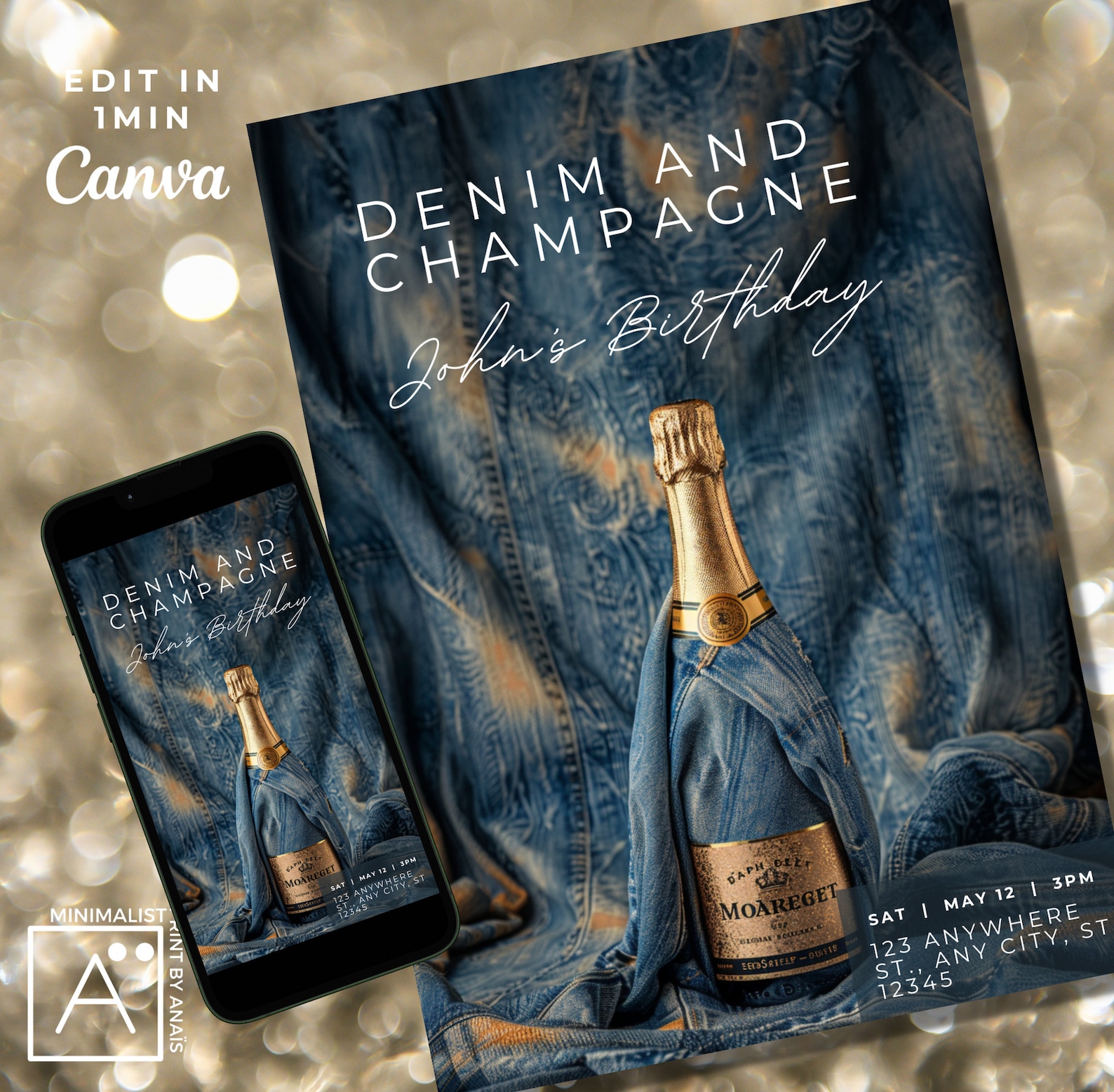Denim & Champagne Birthday Invitation: Editable Party Invite (digital ...