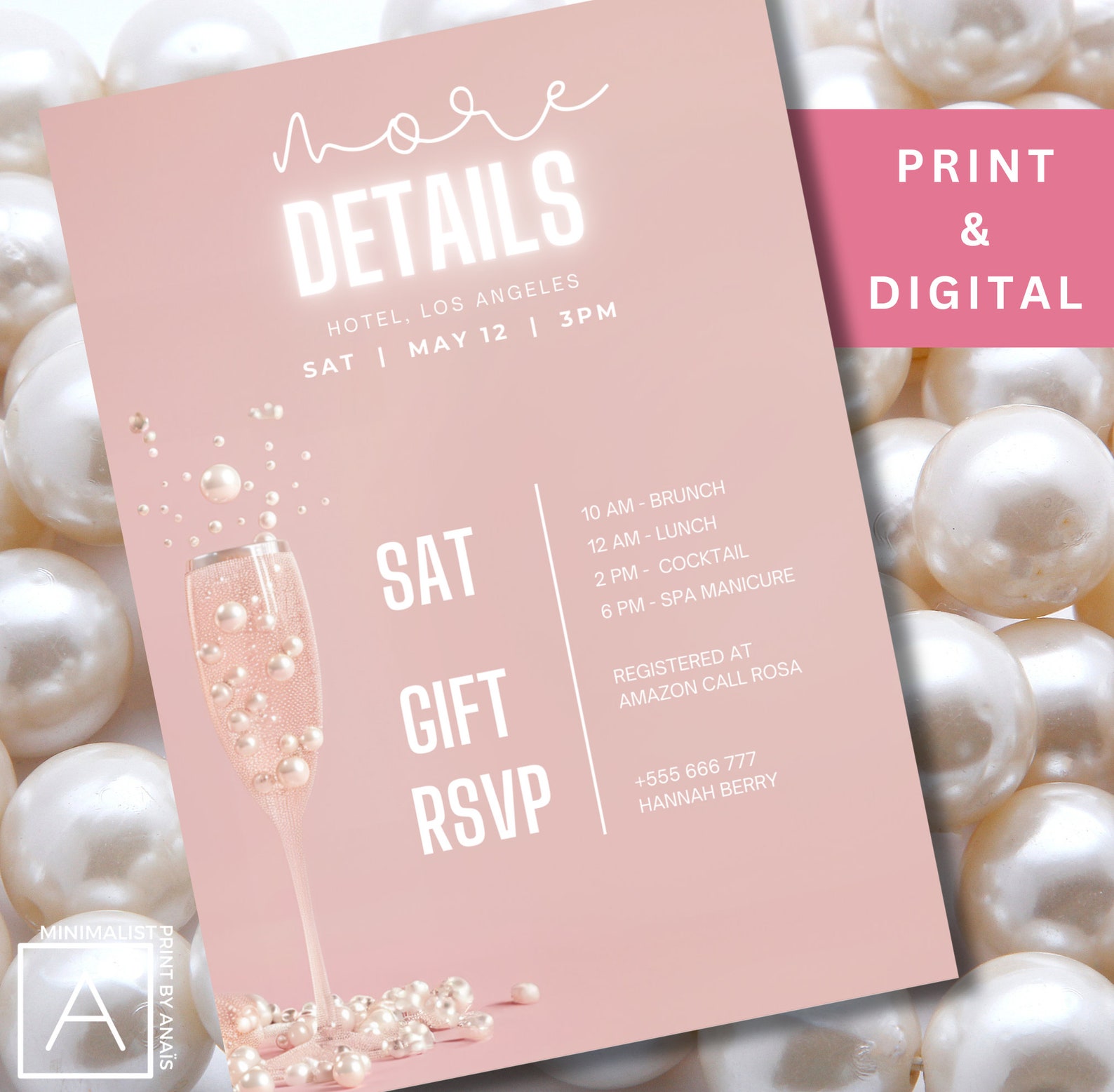 Champagne & Pearls Birthday Invitation: Editable Pink Blush Design ...
