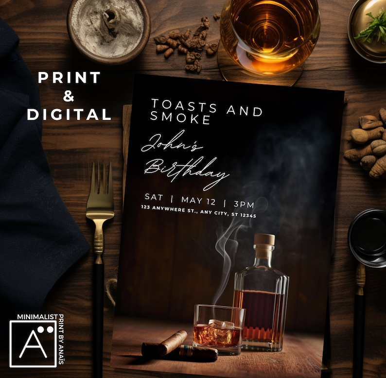 Whiskey Party Birthday Invitation, Editable Toasts and Smokes Evite ...