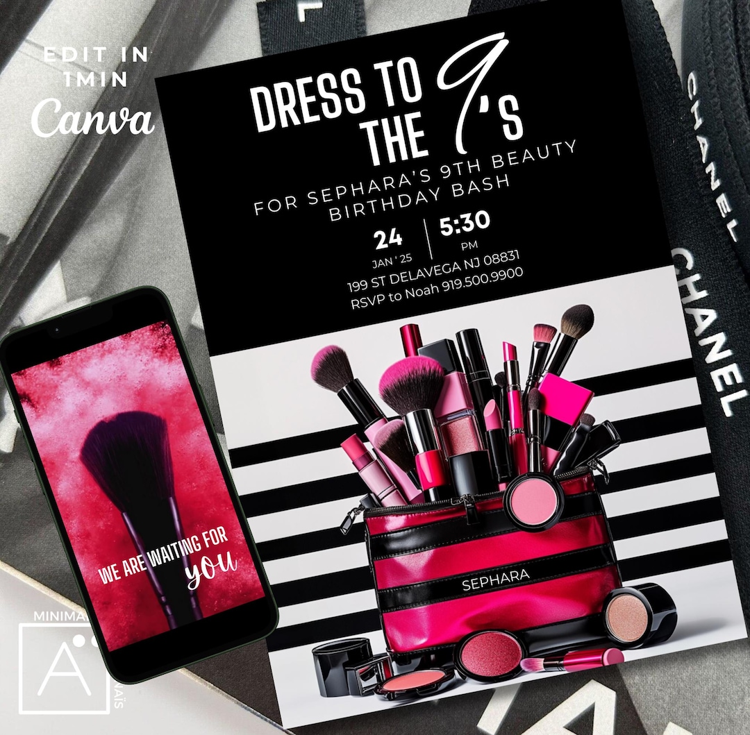 Glam up Makeup Sephora Kid Birthday Party Invitation, Template Editable ...