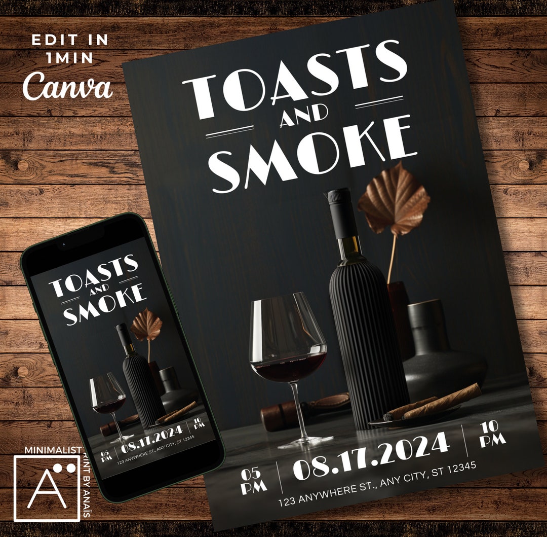Toasts and Smoke - Wine and Cigar Party Birthday Invitation, Editable ...