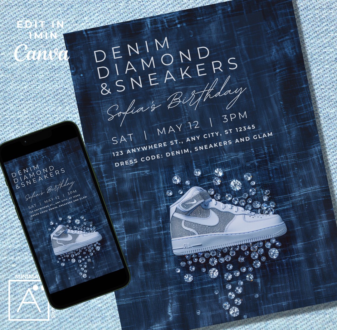 Denim and Diamonds Sneakers Birthday Invitation, Blue Jeans and Bling ...