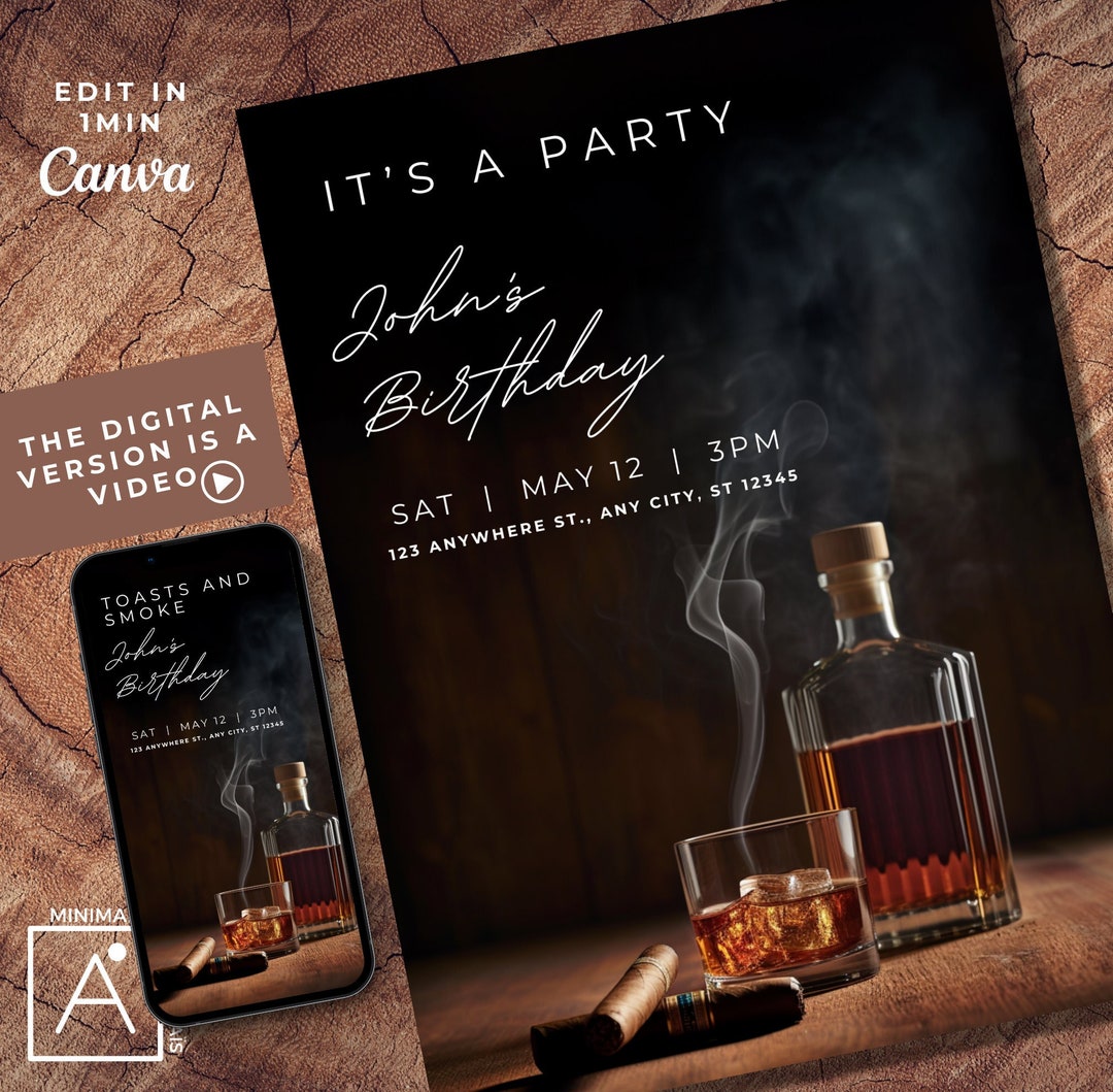 Whiskey Party Birthday Invitation, Editable Toasts and Smokes Evite ...