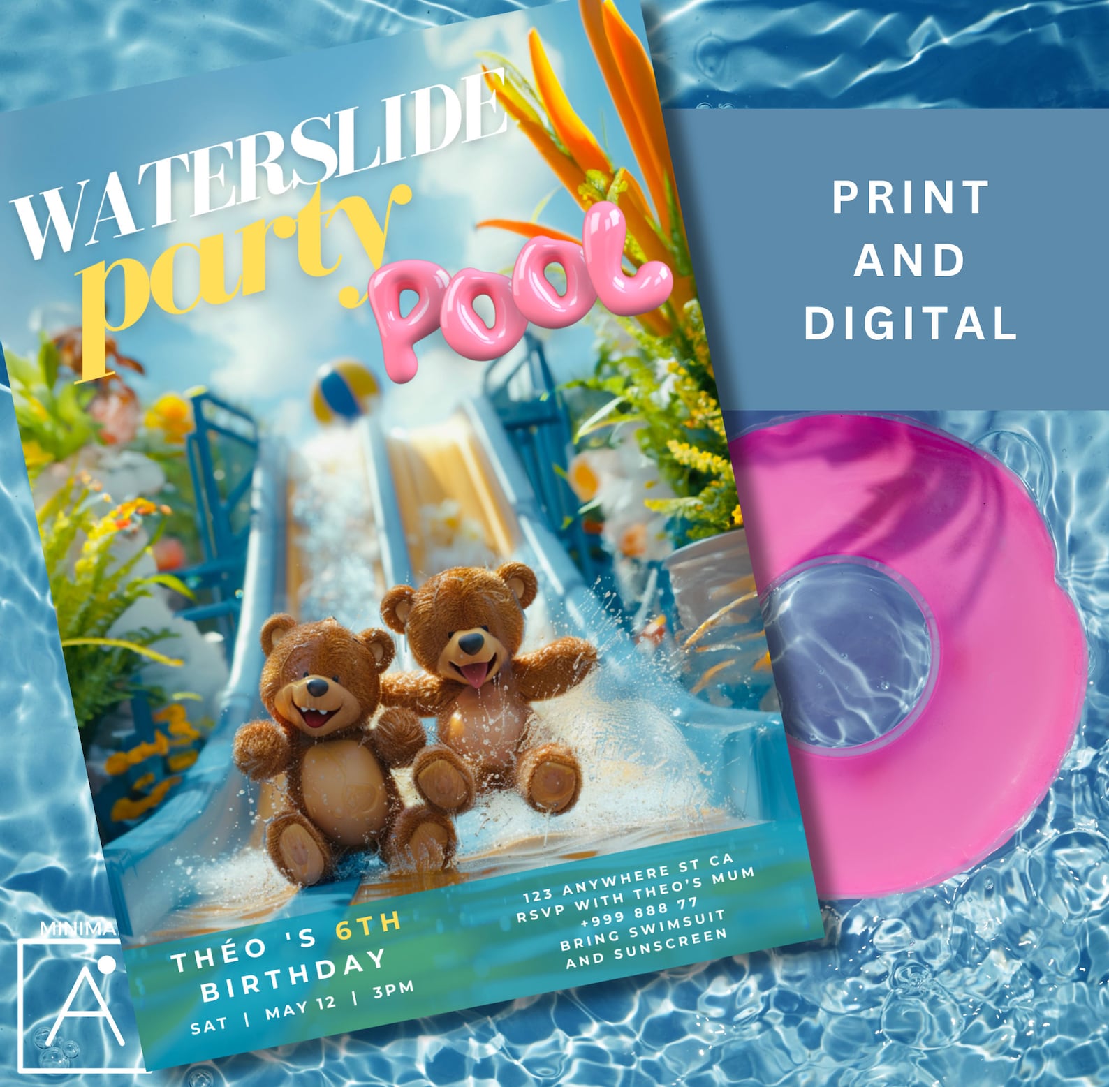 Waterslide Pool Party Invitation: Teddy Bear Birthday (digital ...