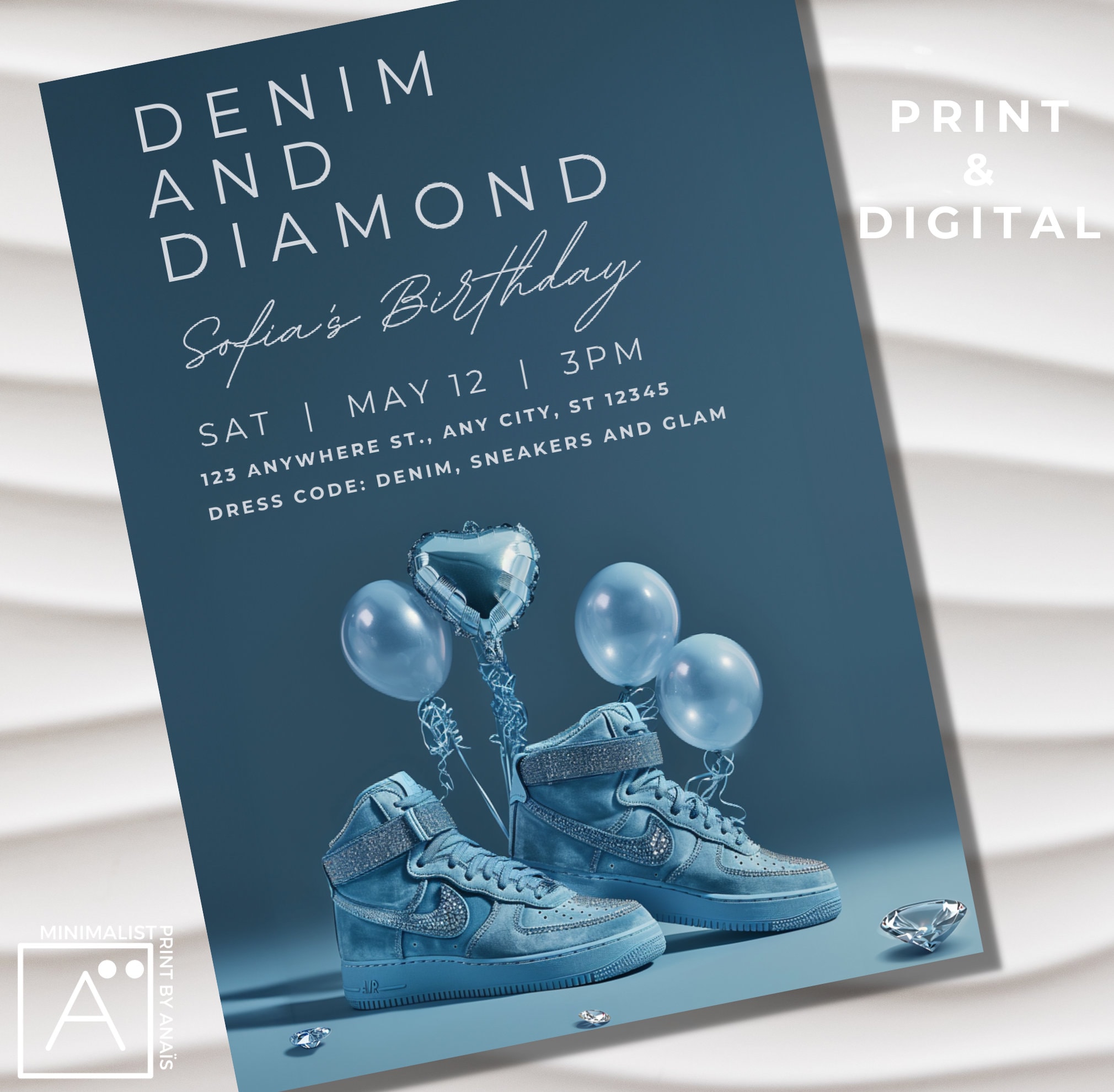 Denim and Diamonds Sneakers Birthday Invitation, Blue Jeans and Bling ...