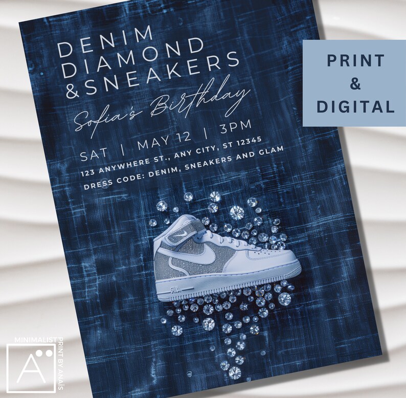 Denim and Diamonds Sneakers Birthday Invitation: Editable Canva ...