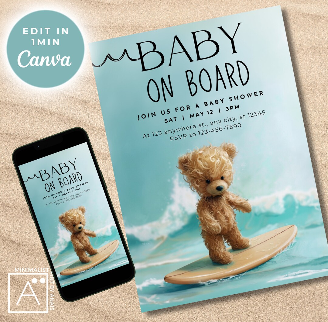 Surf Teddy Bear Baby Shower Invitation: Beach Theme (editable ...