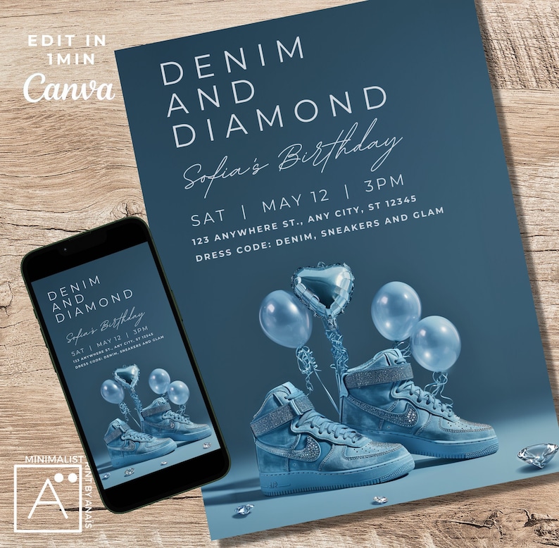 Denim and Diamonds Sneakers Birthday Invitation, Blue Jeans and Bling ...
