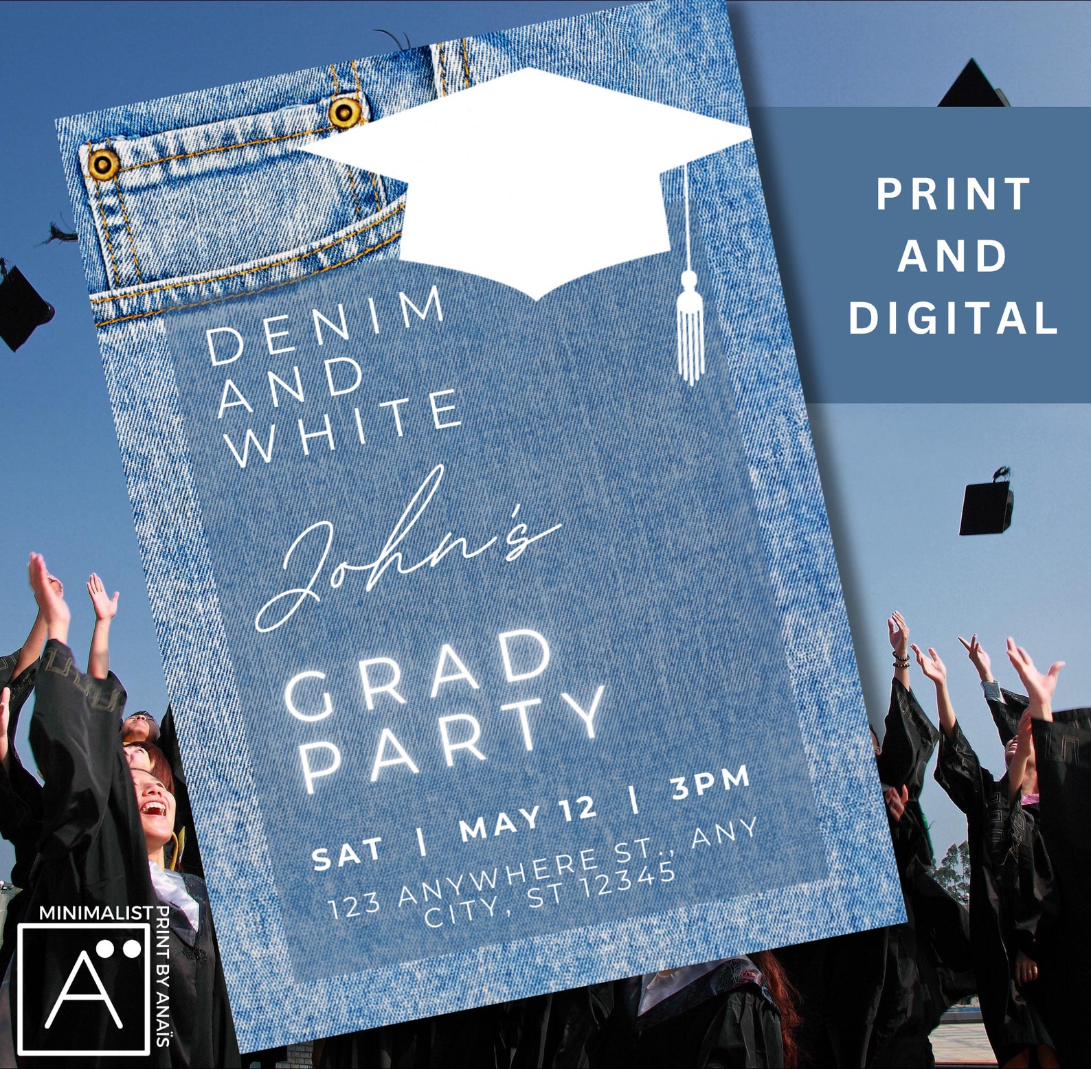 Denim Graduation Party Invitation: Evite and Print (editable Template ...