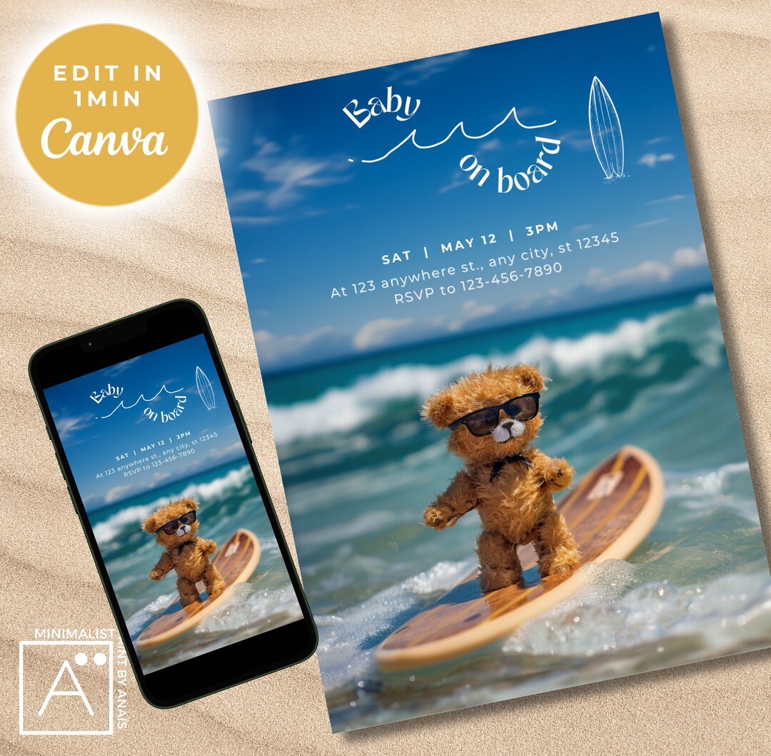 Surf Baby Shower Invitation: Teddy Bear on Board (editable, Printable ...
