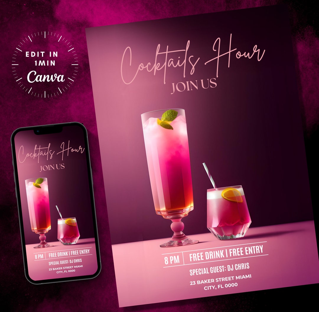 Pink Cocktail Hour Invitation Template: Editable Party Flyer (digital ...