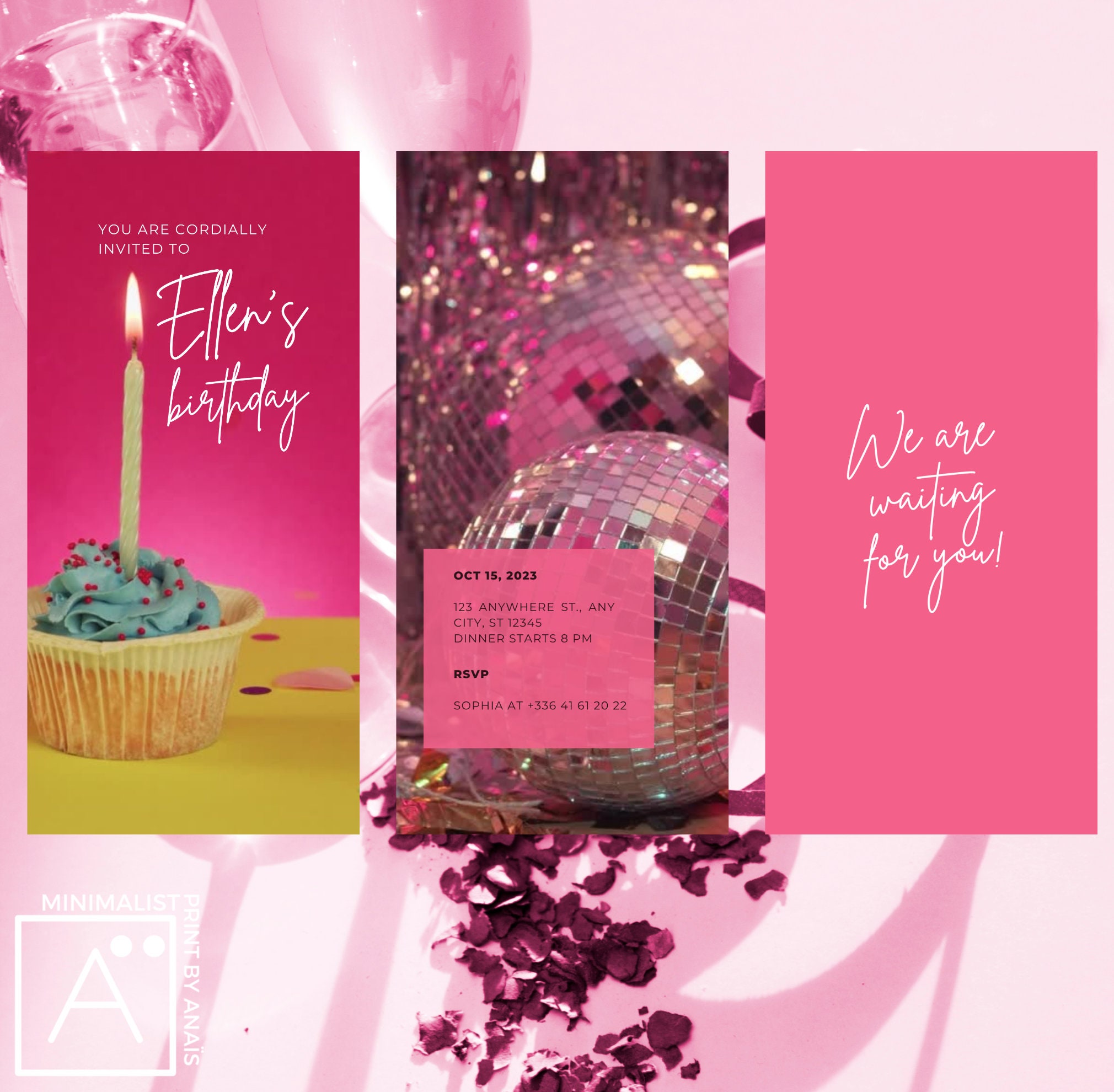 Pink Birthday Invitation, Pink Birthday Invite, Editable Template, Pink ...