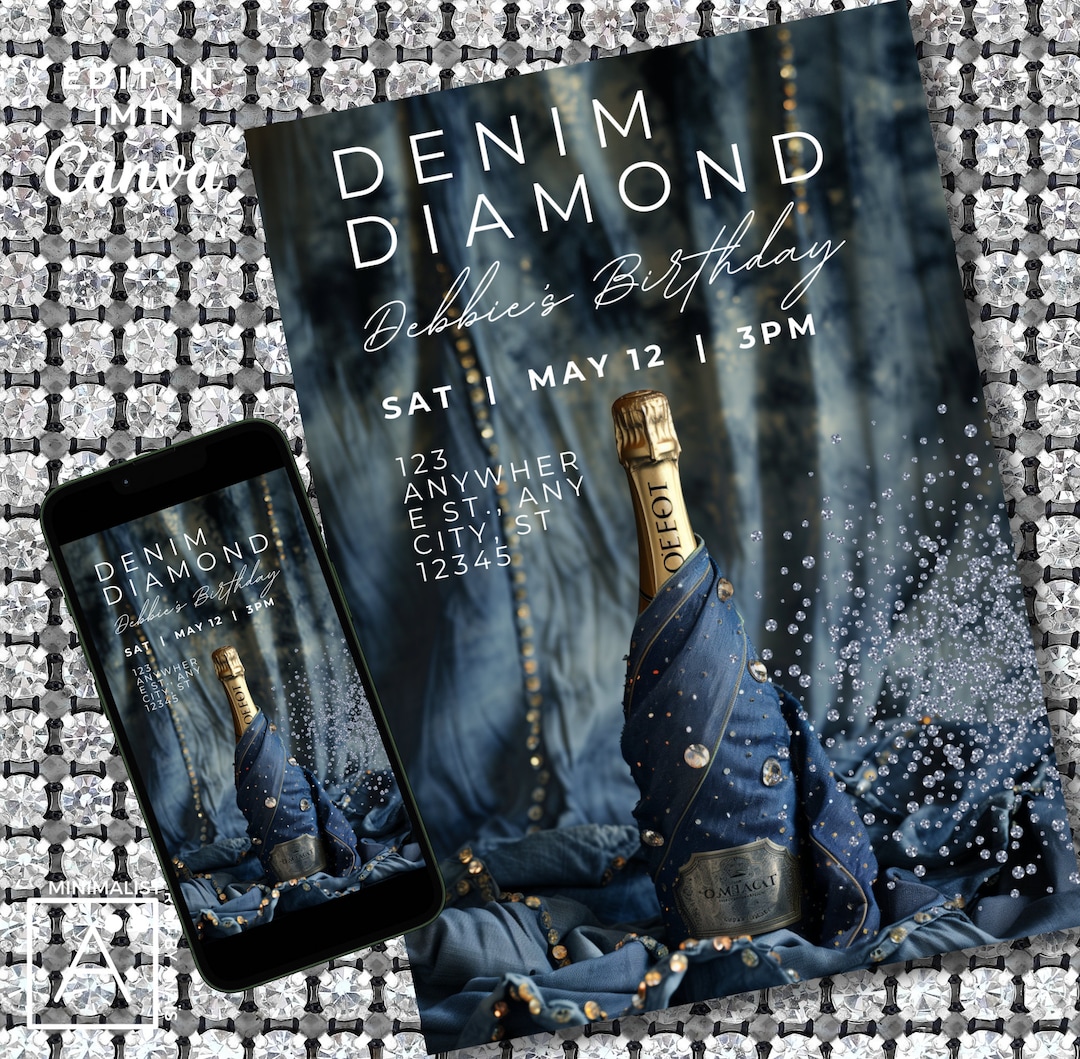 Denim Champagne and Diamonds Birthday Invitation, Editable, Blue Jeans ...