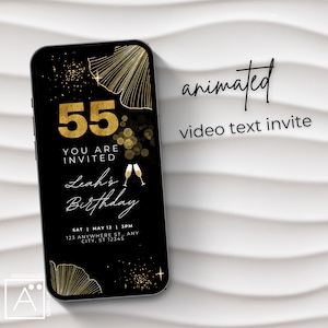 55th Birthday Invitation, Digital Birthday, Editable, Black and Gold ...