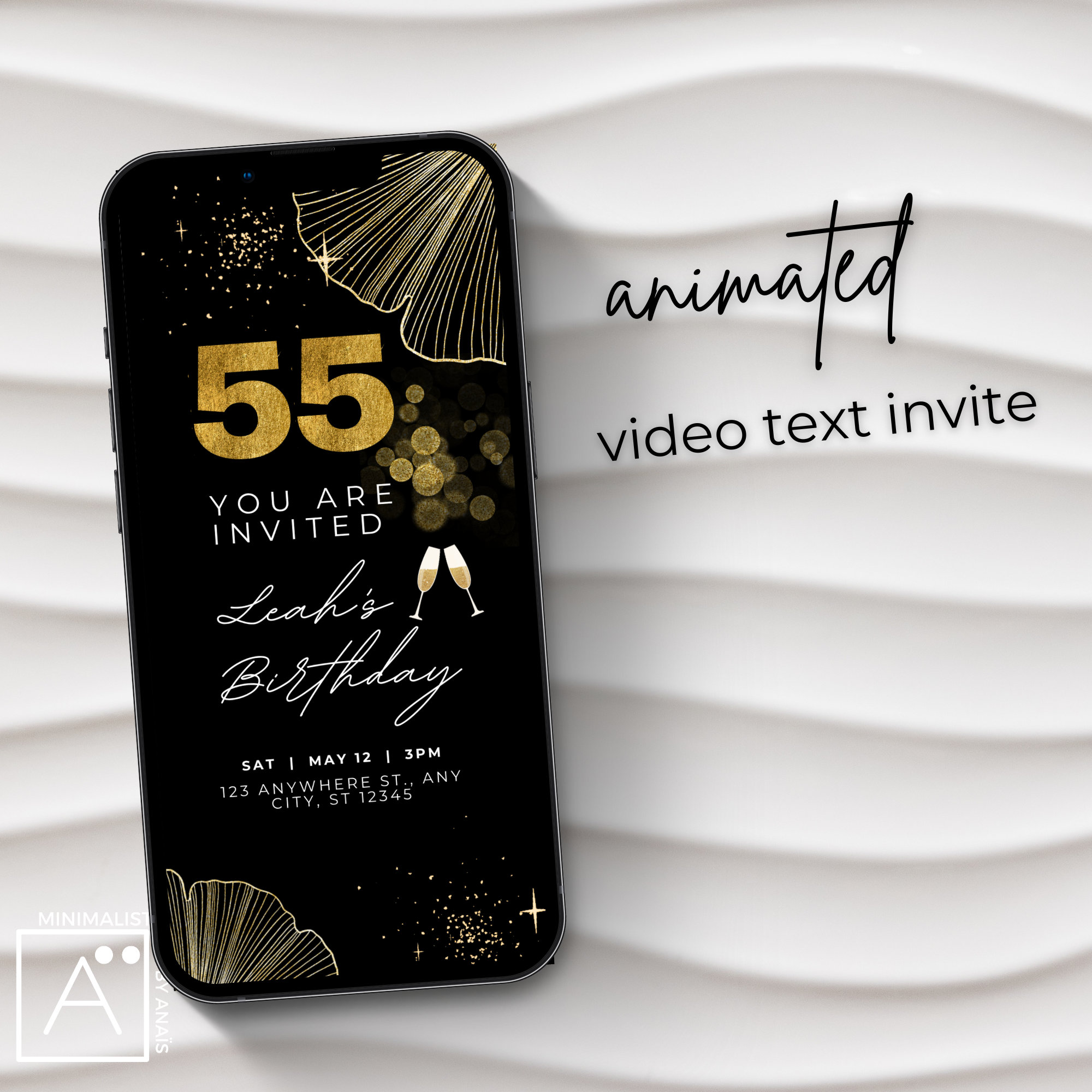 55th Birthday Invitation, Digital Birthday, Editable, Black and Gold ...