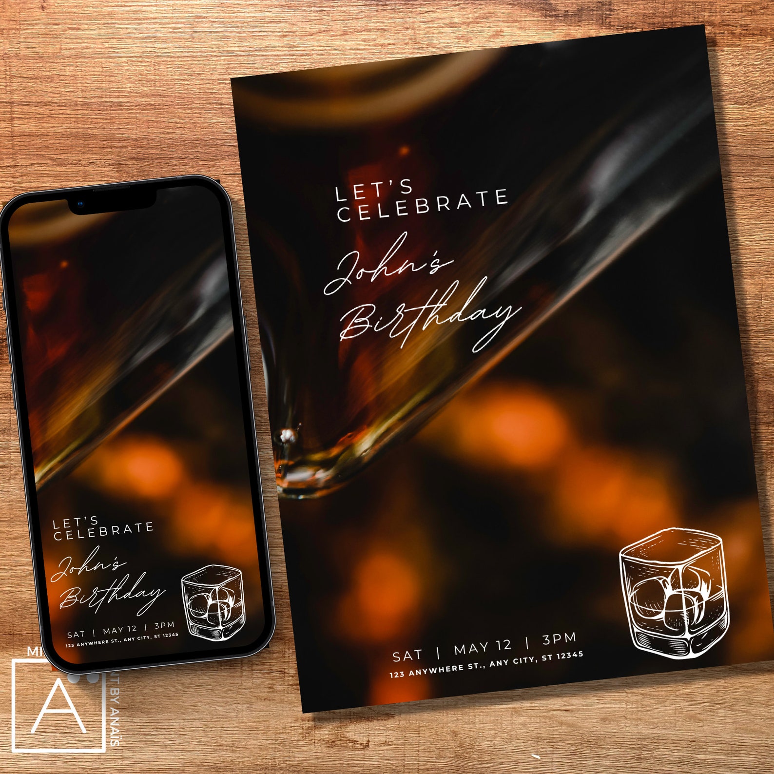 Men Birthday Cognac Party Invitation Template | Editable Canva Digital ...