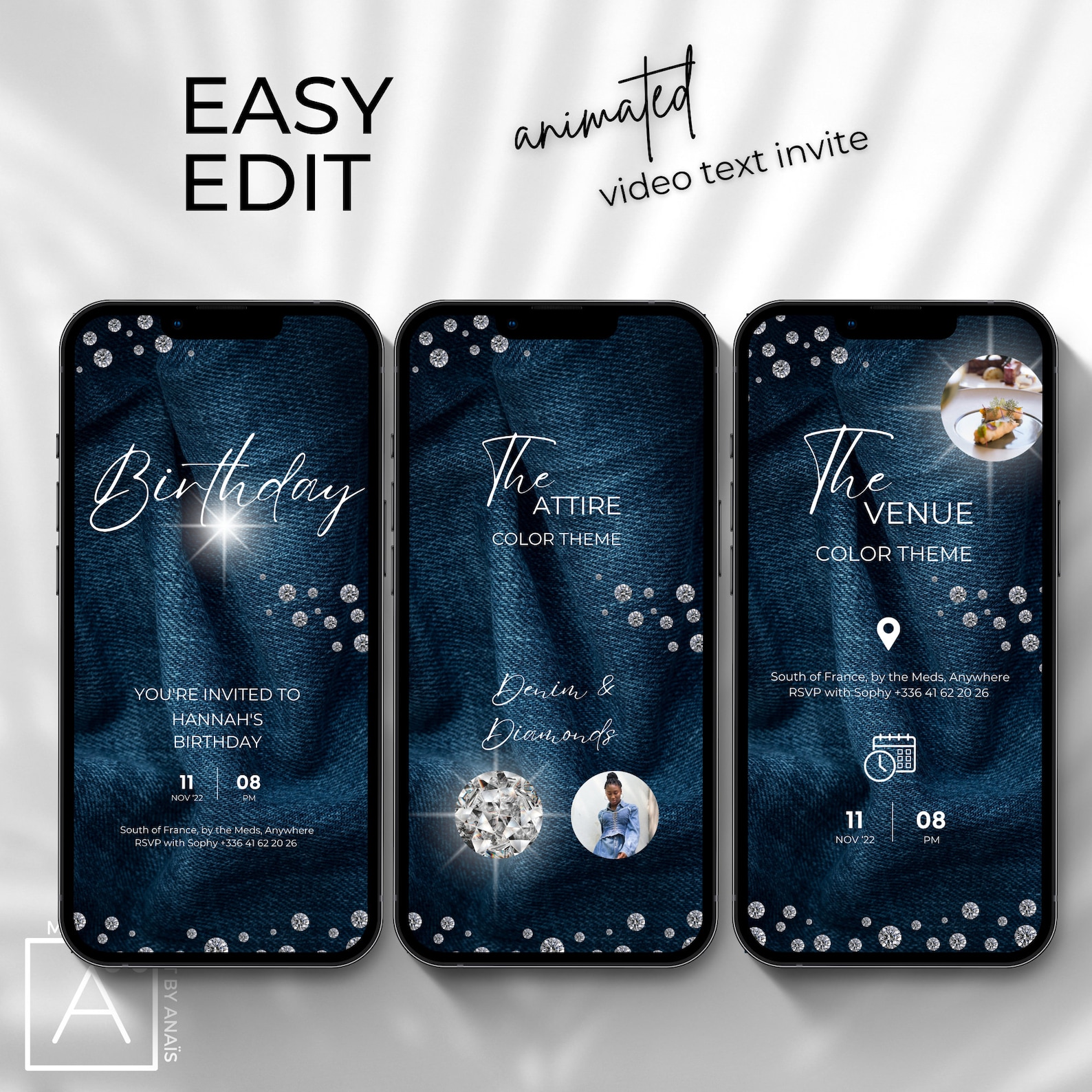 Digital Denim Diamond Birthday Invitation, Video Animation, FULLY ...