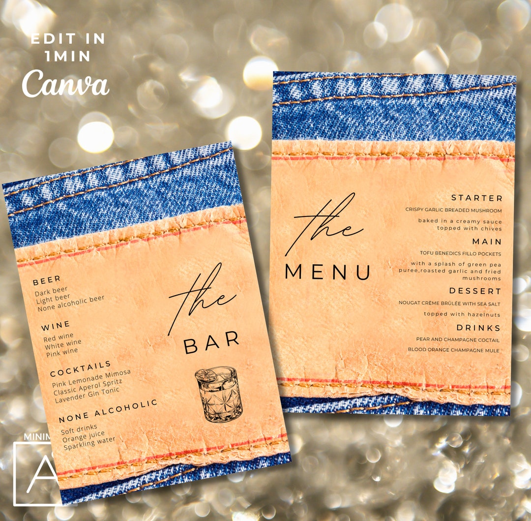 Denim Menu, Food Menu + Drink Menu, Suitable for Birthday, Bridal ...