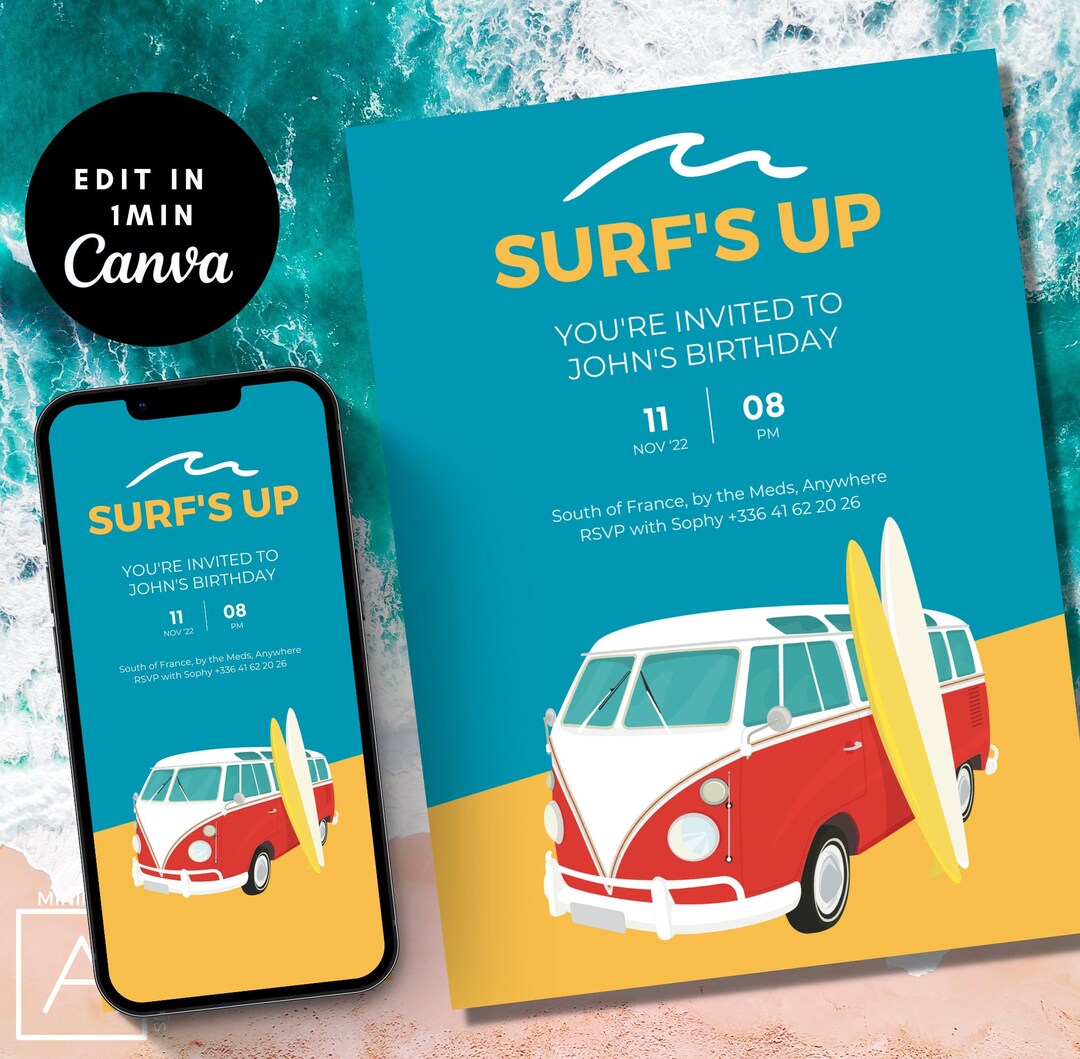 Surfs up Birthday Invitation, Surfing Party Invitation, Modern Surf ...