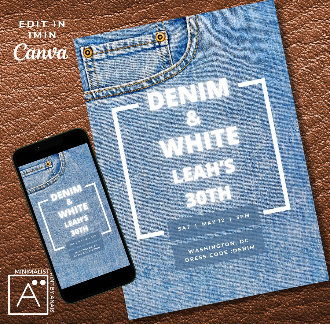 Denim and White Birthday Party Flyer Invitation, Blue Jeans and Bling ...