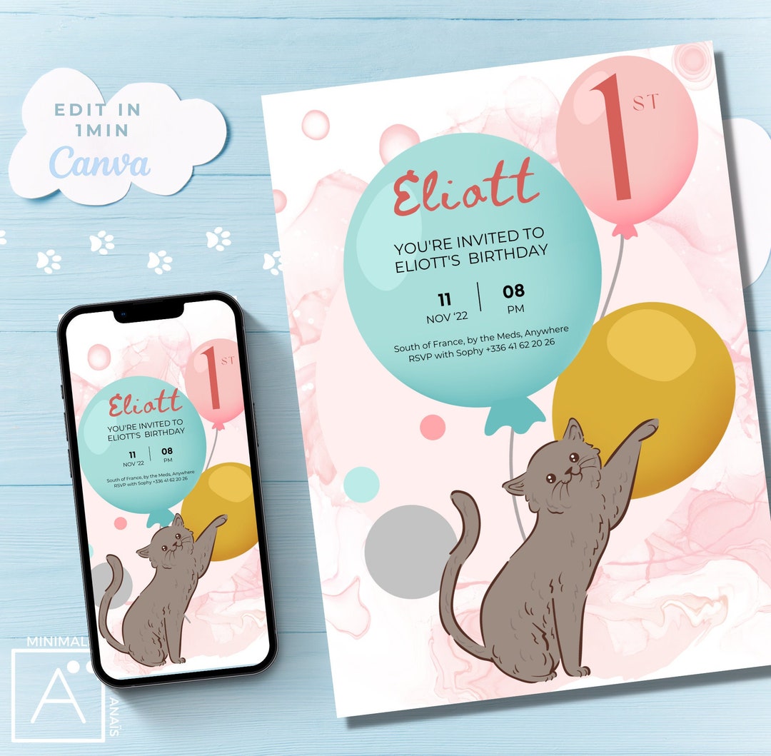 Editable Cat Birthday Party Invitation: Canva Template (digital ...