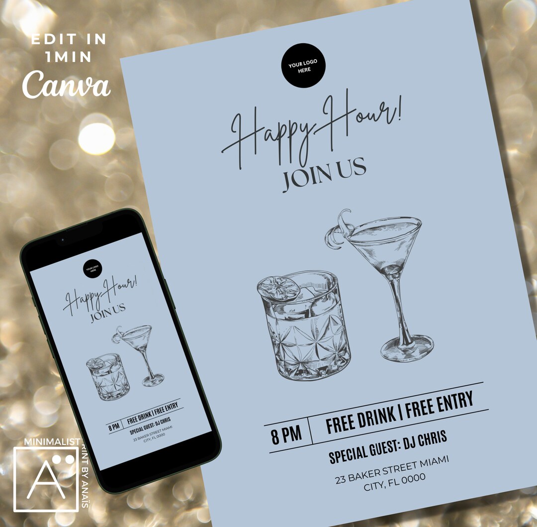 Happy Hour Flyer Invitation, Editable DIY Flyer Template, Party Flyer ...