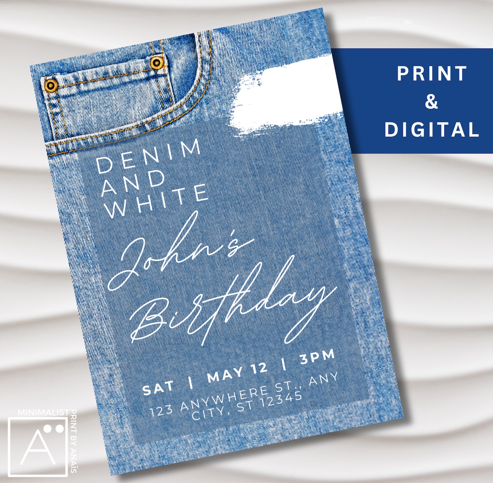 Denim and White Birthday, Blue Jeans and Bling Party Flyer Invitation ...