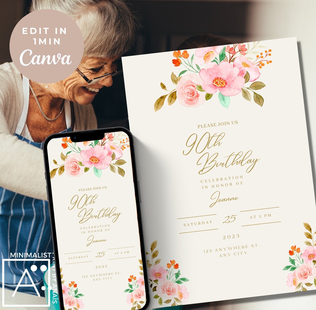 90th Birthday Invite, 90th Birthday Invitation, 90th Birthday, 90th ...