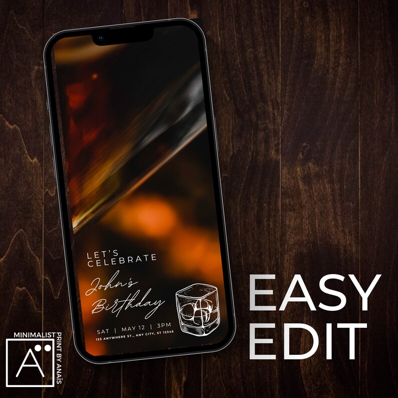 Men Birthday Cognac Party Invitation Template | Editable Canva Digital ...