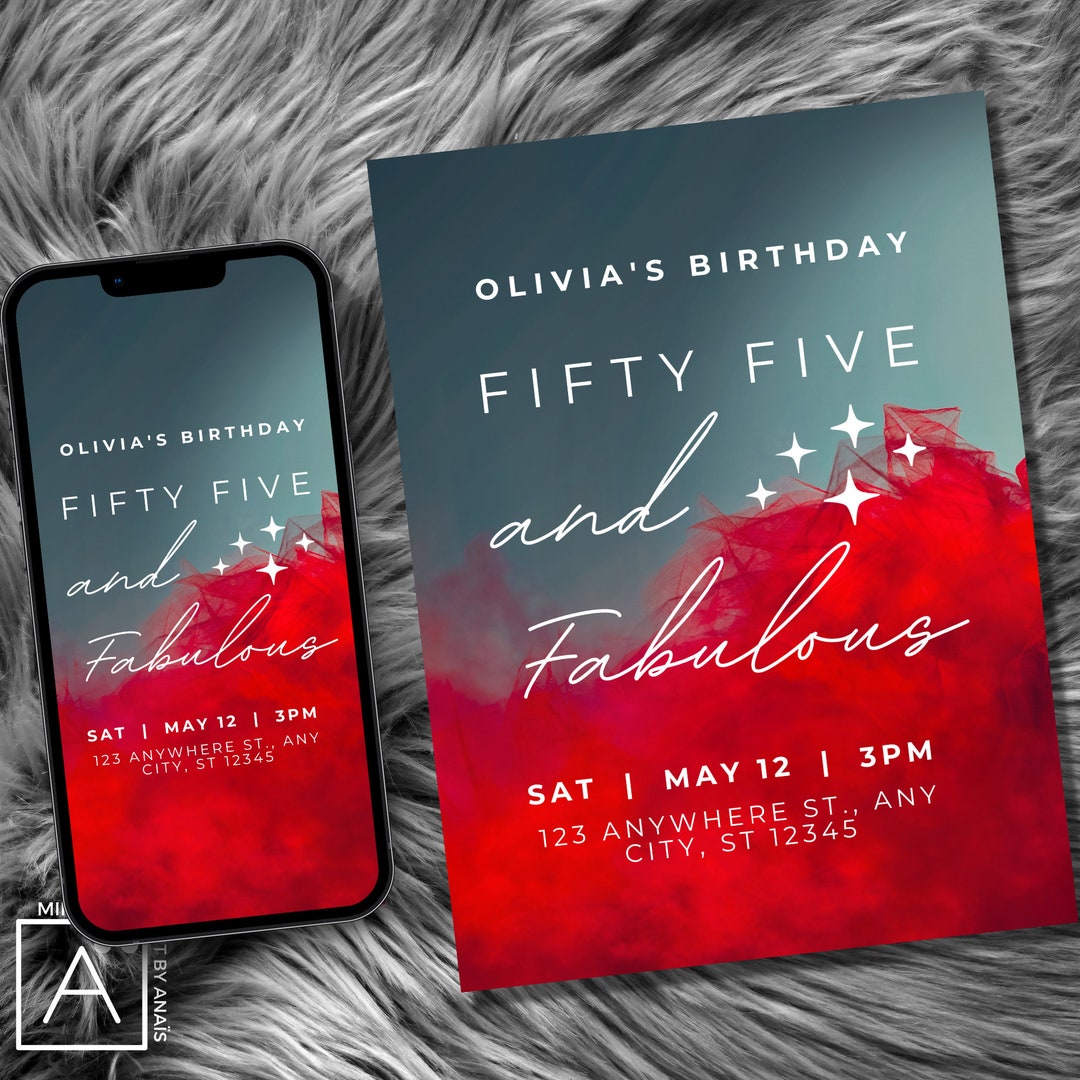 55 and Fabulous Invitation, 55th Birthday Invitation Blue and Red, 55 ...