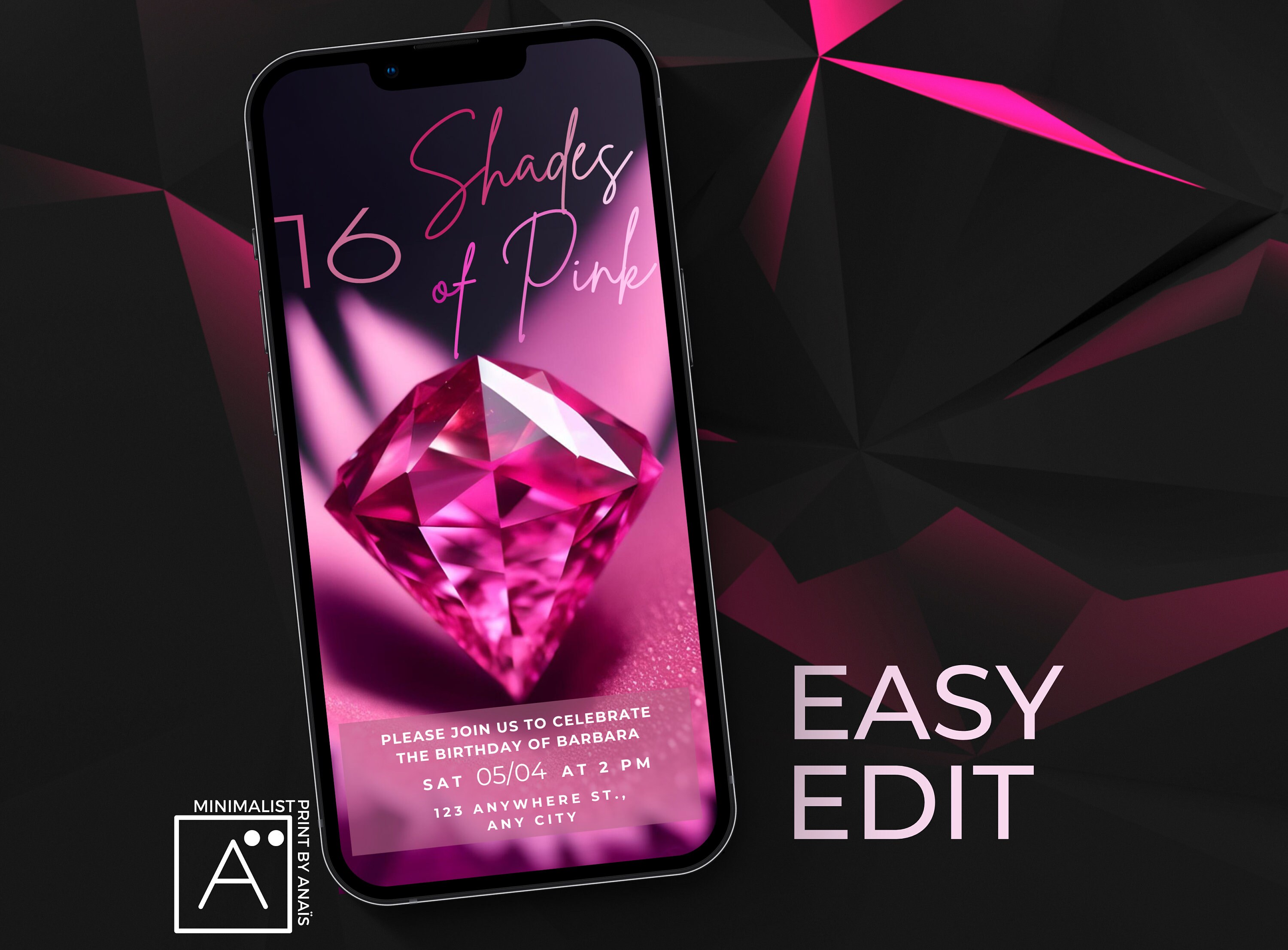 16 Shades of Pink, Pink Diamond, Birthday Invitation, Fully Editable ...