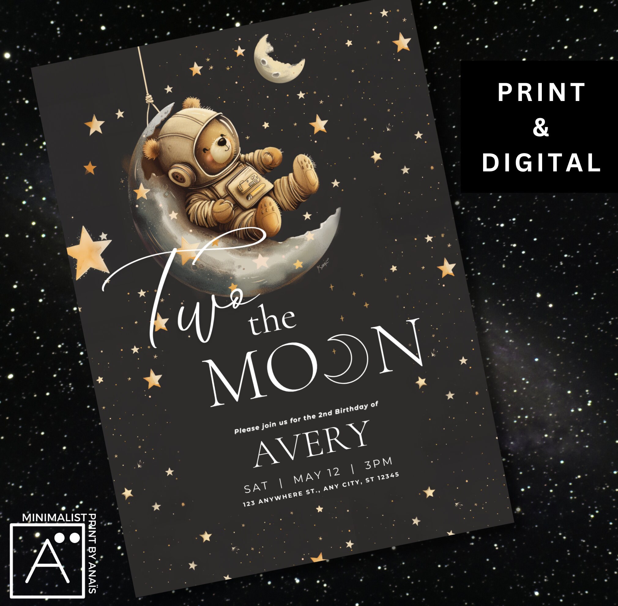 Two the Moon Birthday Invitation, EDITABLE, Outer Space 2nd Birthday ...