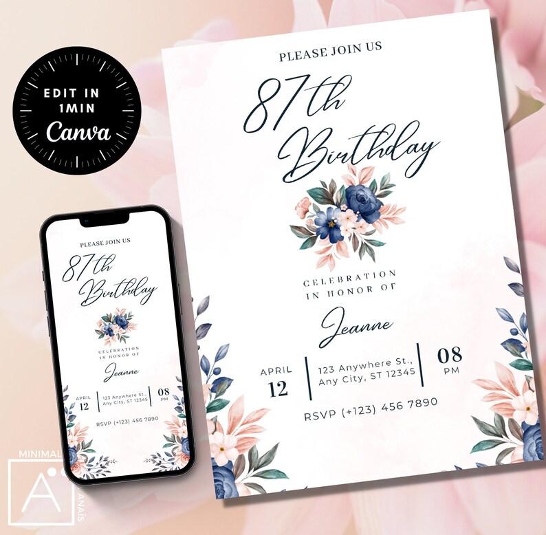 Floral 87th Birthday Invitation Template: Editable Party Invite ...