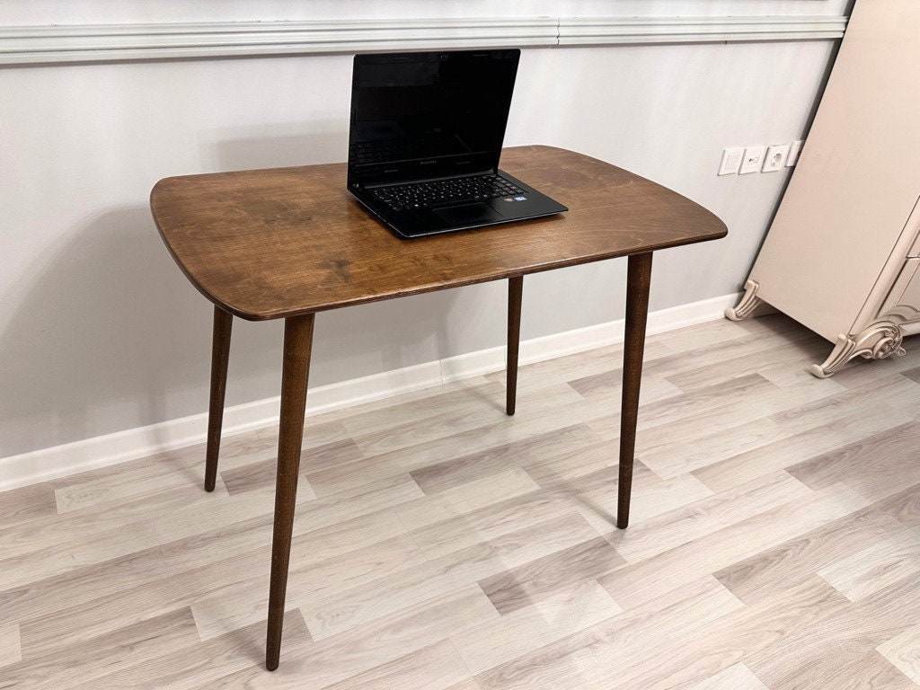 Oval Walnut Wood Small Laptop Desk Table, Mid Century Modern Narrow ...