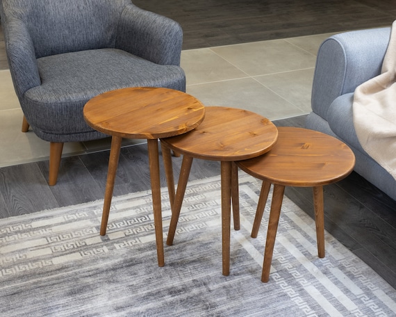 Small Round Nesting Coffee Table Mid Century Modern Walnut Wood Coffee Table Livingroom Furniture Nested Table Plant Stand Tall Indoor Etsy