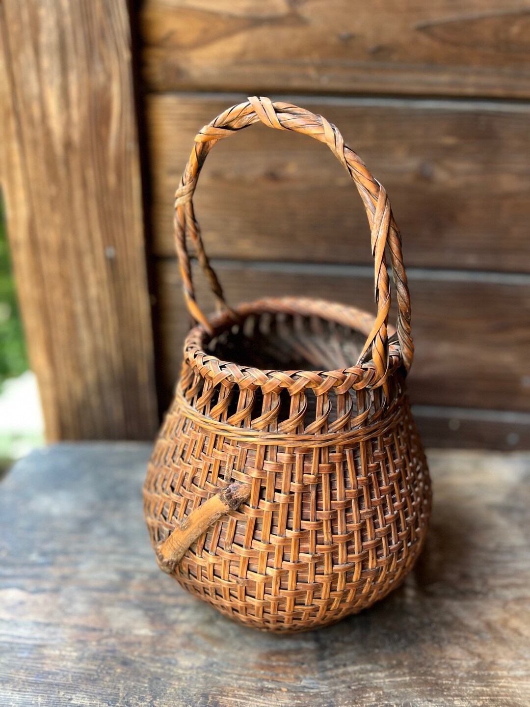 Smoked Bamboo Vintage Japanese Hanakago With Braided Handle and Bamboo ...