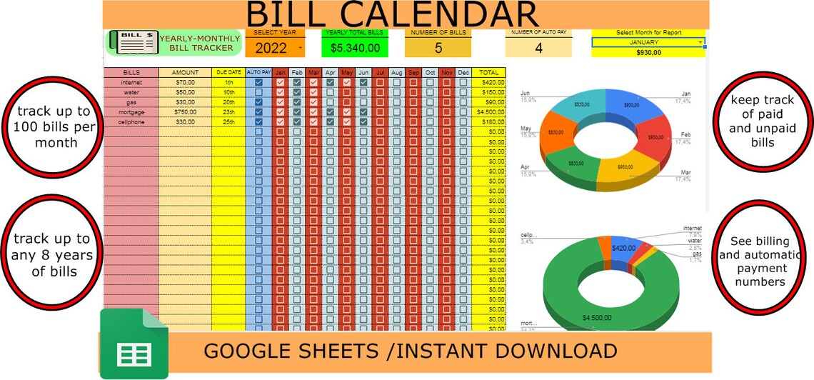 Bill Tracker/monthly Yearly Bill Tracker/bill Calender/expenses Tracker ...