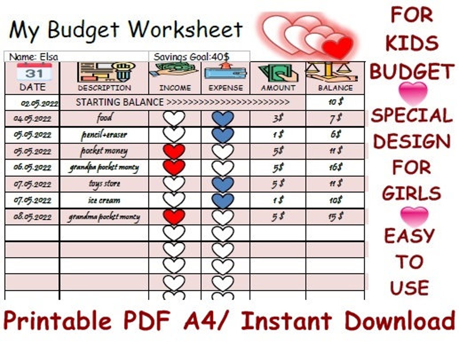 My Budget Worksheet/budget Worksheet for Kids/pocket Money Tracker ...