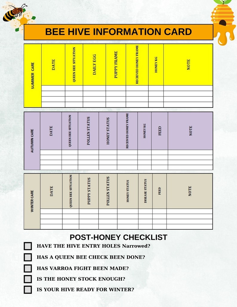 Apiary Log,bee Hive Information Card,printable Beehive Information Card,hive Tracker for ...